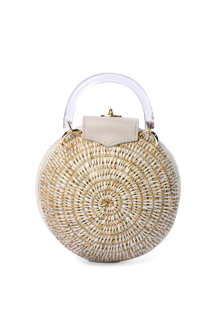 Woven Grass & Leather Round Ball Bag in Chalk | BEUNICA